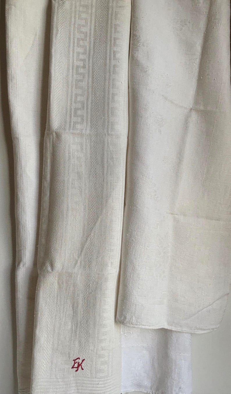 Vintage French Linen Monogrammed Hand Towel: Antique Damask Cotton ...
