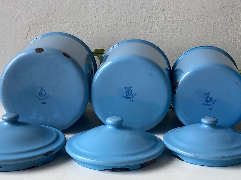 French Vintage Blue Enamelware 5 Piece Canister Set, Storage Nesting ...
