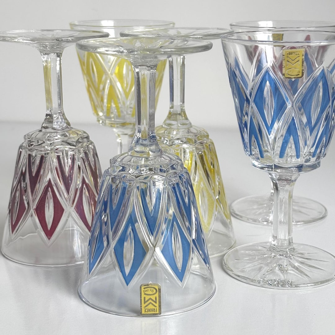 French Vintage Wine Glasses, Set of 6, Reims ARC France, Harliquin ...