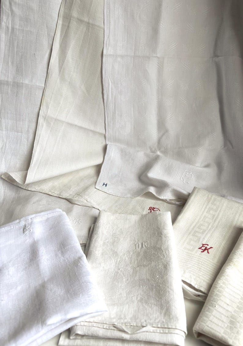 Vintage French Linen Monogrammed Hand Towel: Antique Damask Cotton ...