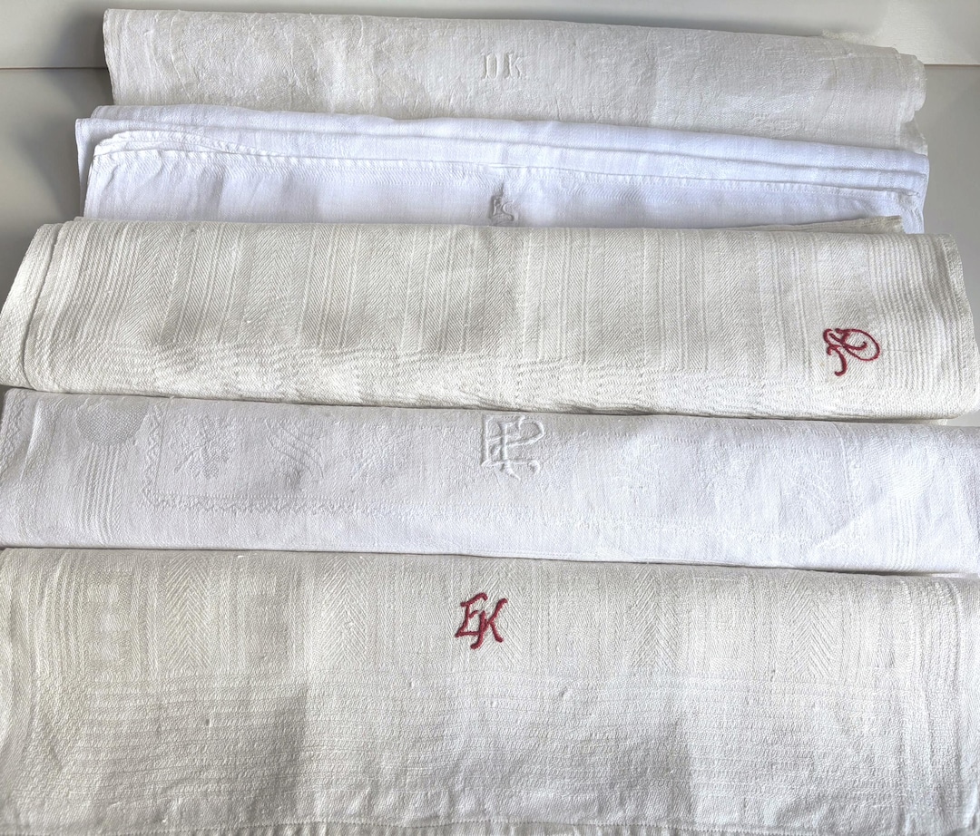 Vintage French Linen Monogrammed Hand Towel: Antique Damask Cotton ...