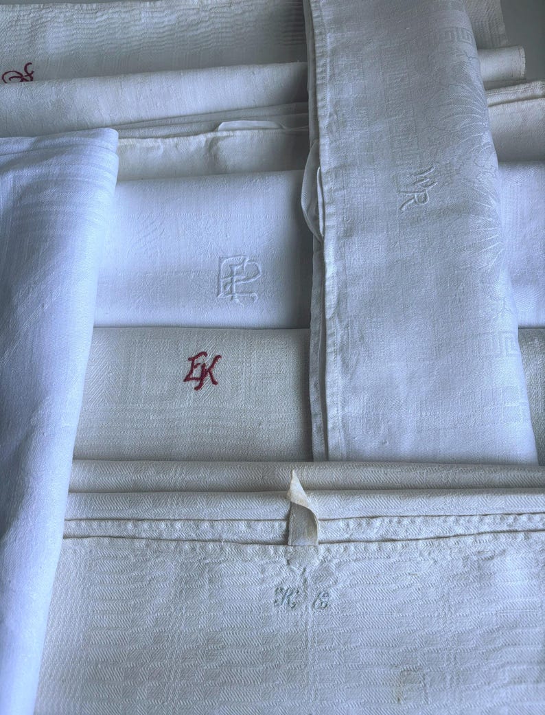 Vintage French Linen Monogrammed Hand Towel: Antique Damask Cotton ...