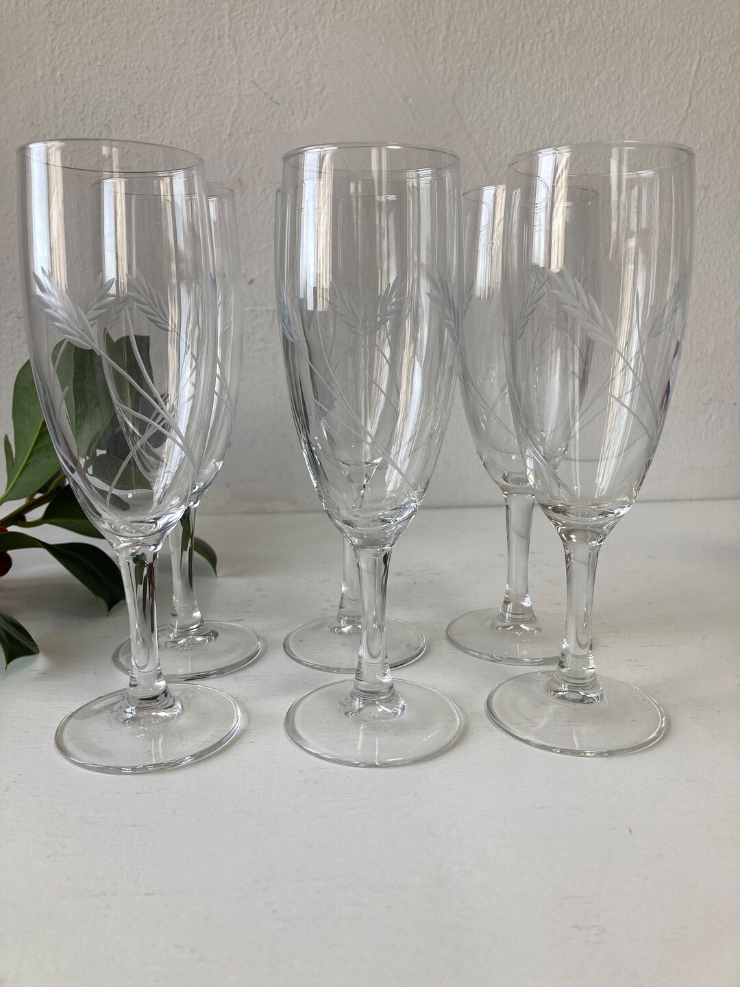 French Vintage Wine Glasses, Set of 7, Stamped ARC France, Wheat Motif ...