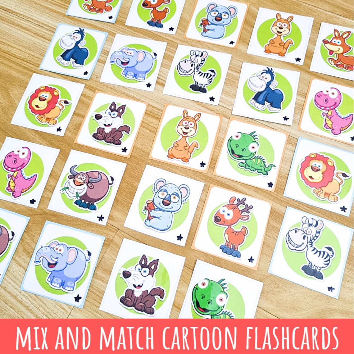Mix & Match Cartoon Animals Printable Flash Cards Memory Game Kids ...