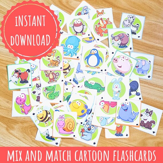 Mix & Match Cartoon Animals Printable Flash Cards Memory Game | Etsy