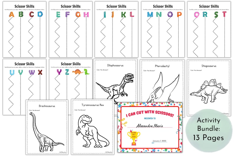 Dinosaur Scissor Skills Printable Activities, Preschool and Toddler ...
