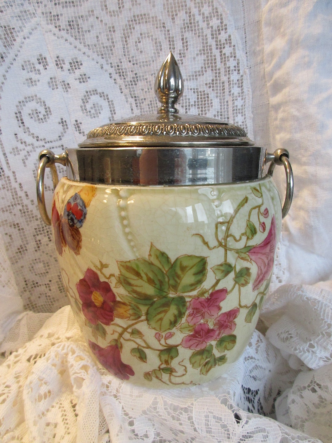Antique Ceramic Jar Glazed Lidded Cookie Jar Handle Floral Design ...