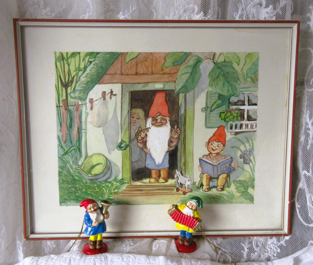 Vintage Watercolor Dwarf Picture Gnome Fairy Tale Forest Gnome Fairy ...