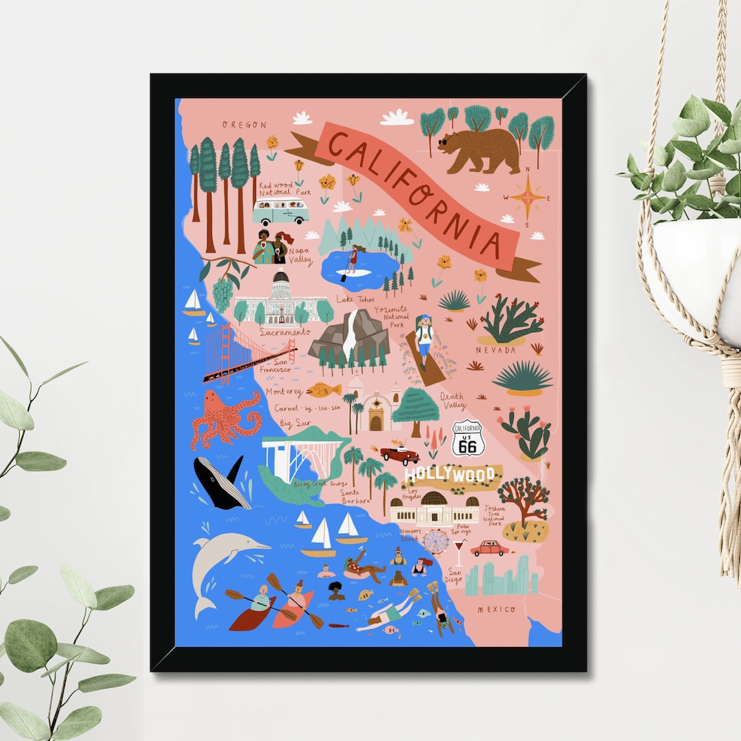 California Map. Beautiful Wall-art Poster. Hand Drawn Illustrated Map ...
