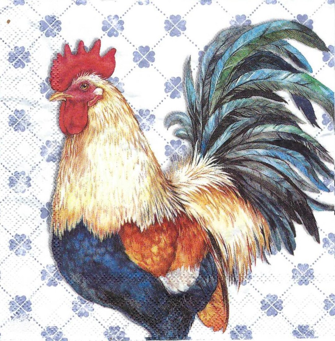 Decoupage Napkins Chicken Beautiful Blue and Red Rooster, Three ...