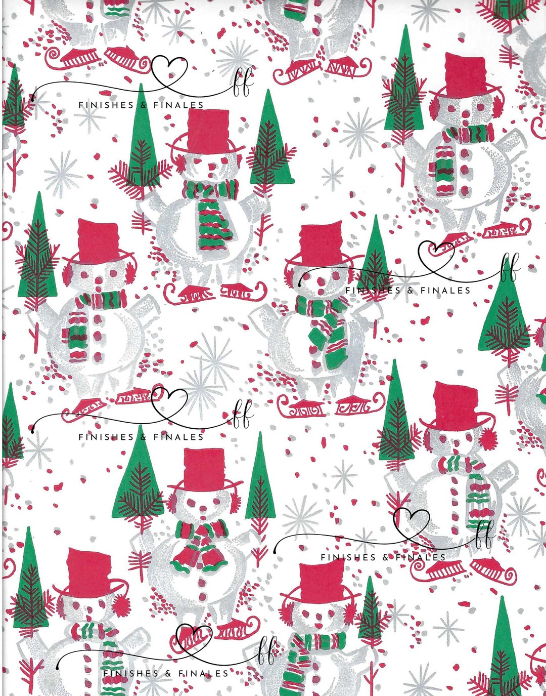 Vintage MCM Christmas Wrapping Paper Snowmen in Ice Skates and ...