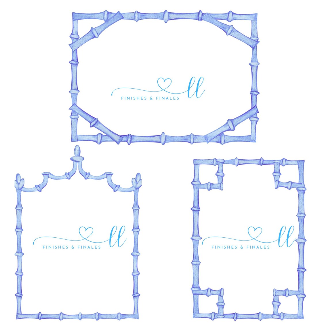 Blue Bamboo Frame Collection Watercolor Chinoiserie Pagoda Digital ...