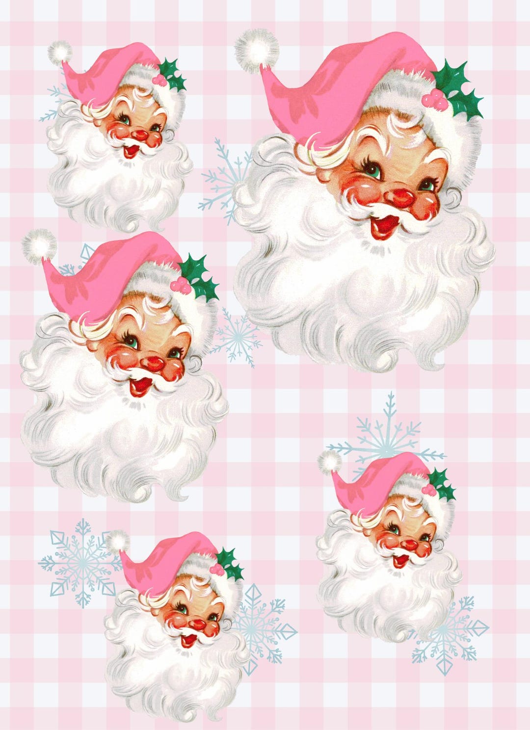 Christmas Digital Download Retro Pink Christmas Santa Heads Five Images ...