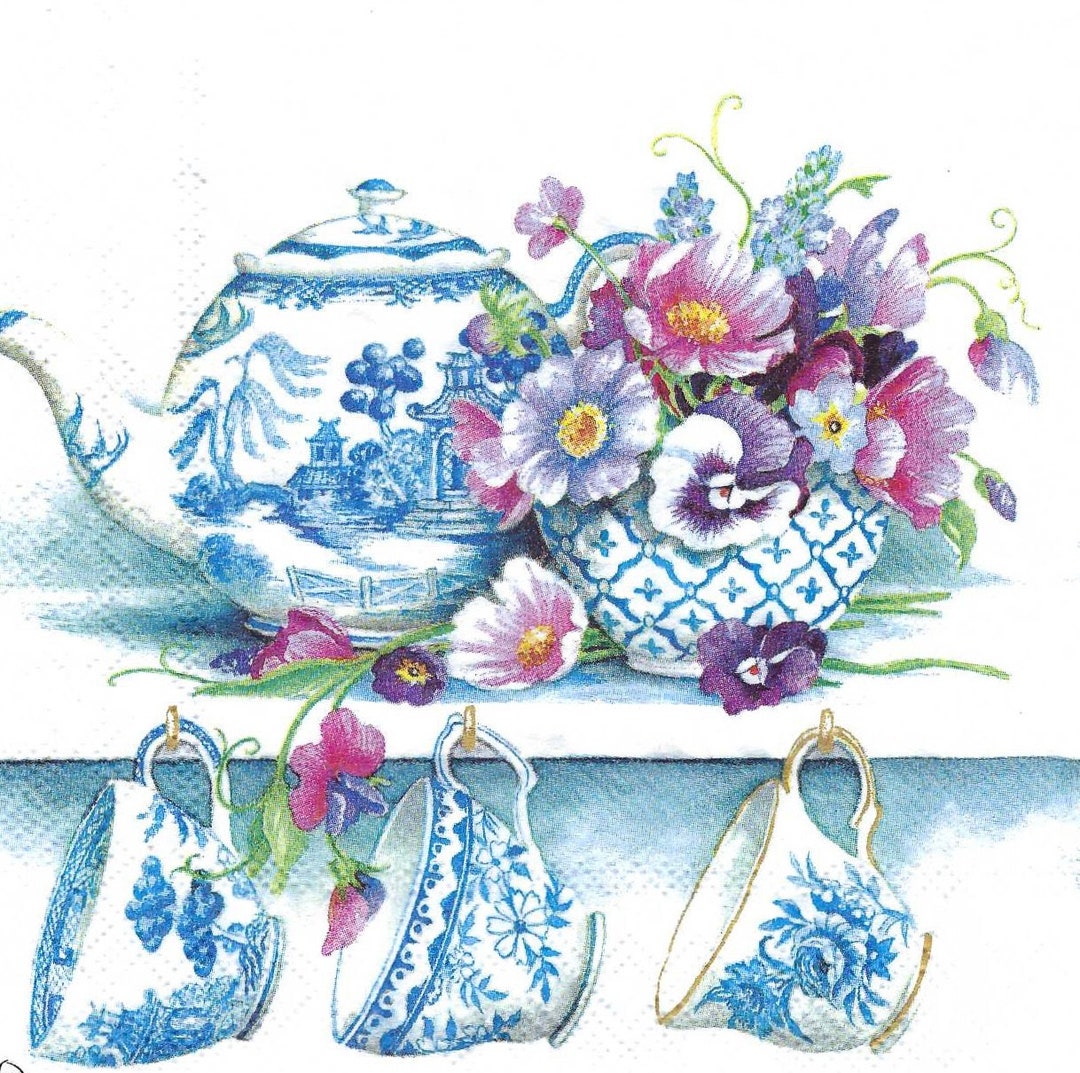 Decoupage Paper Napkins Blue & White Tea Pot Pattern, Three Individual ...