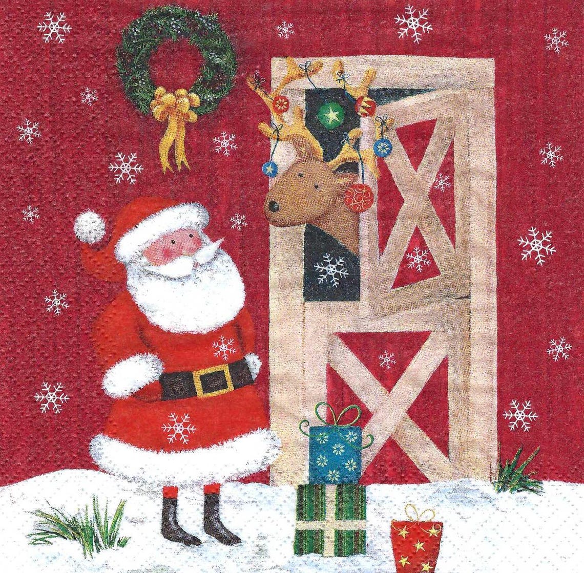 Decoupage Napkins Santa Claus and His Reindeer at the Barn, Includes ...