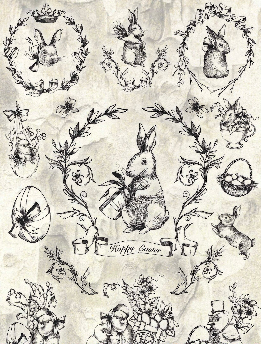 Easter Decoupage Rice Paper Depicting Rabbits and Eggs in Vintage Style ...