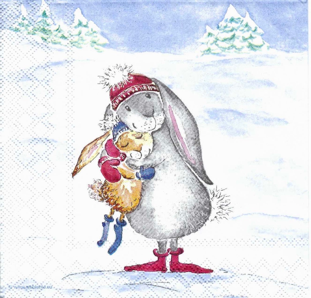 Decoupage Napkin Tissue Hugging Rabbits in Snow in Hats and Boots Three ...