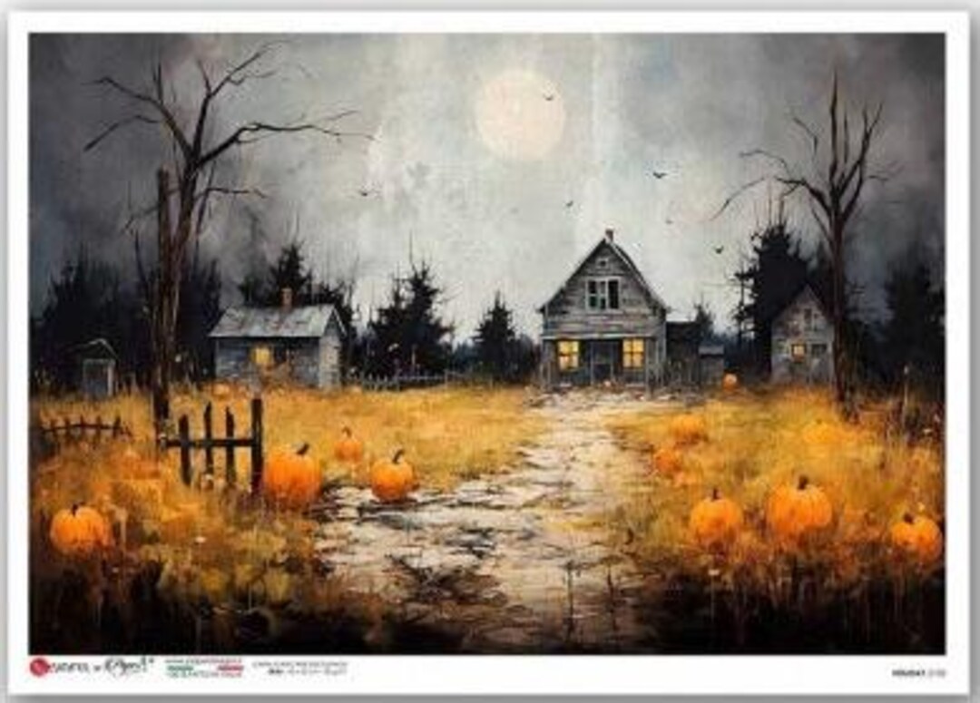 Spooky Old Farmhouse Pumpkin Farm Rice Paper A4 Size Full Moon Twilight ...
