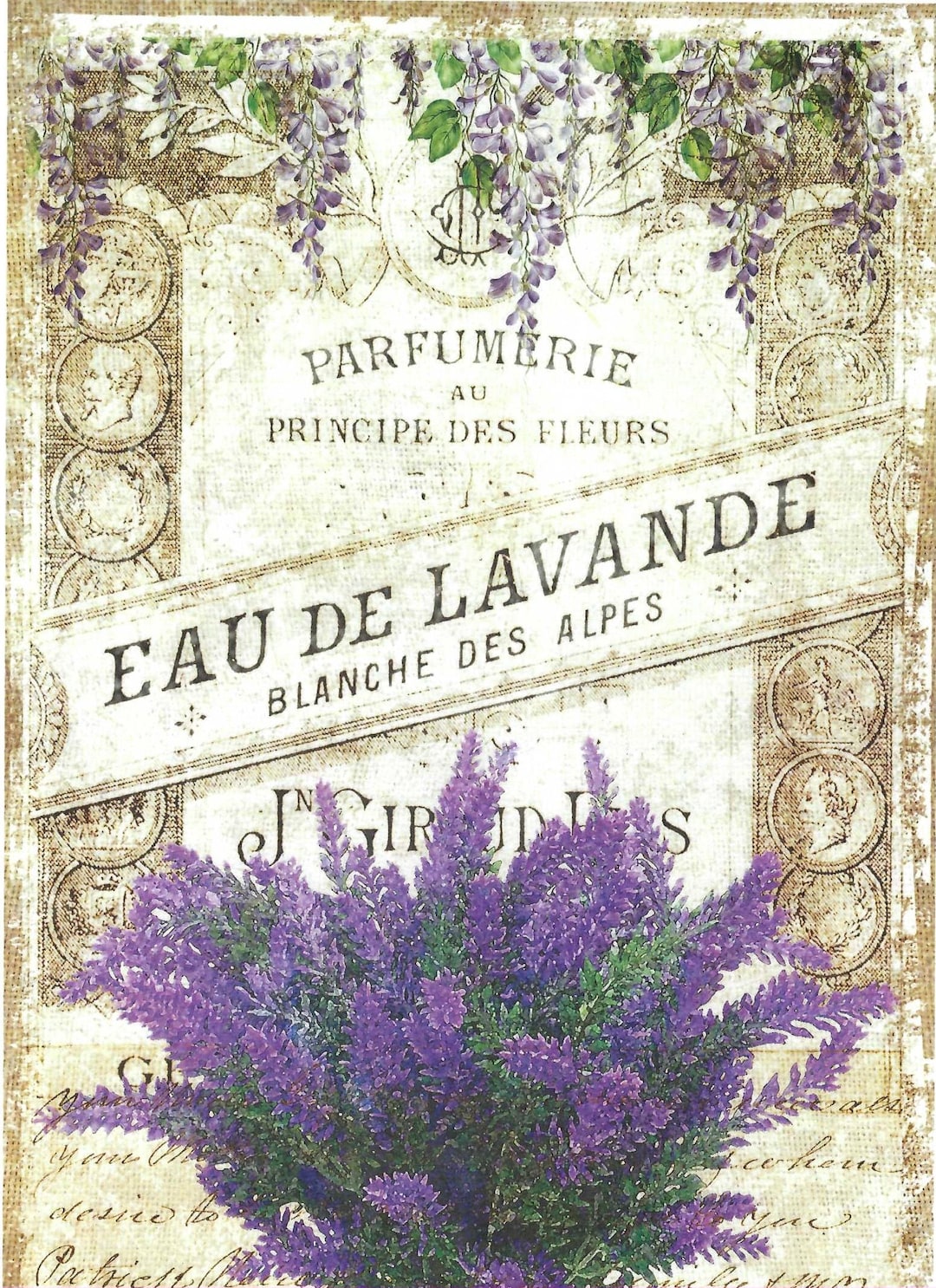 Decoupage Paper Lavender Bouquet on Antique Paper Eau De Lavande ...