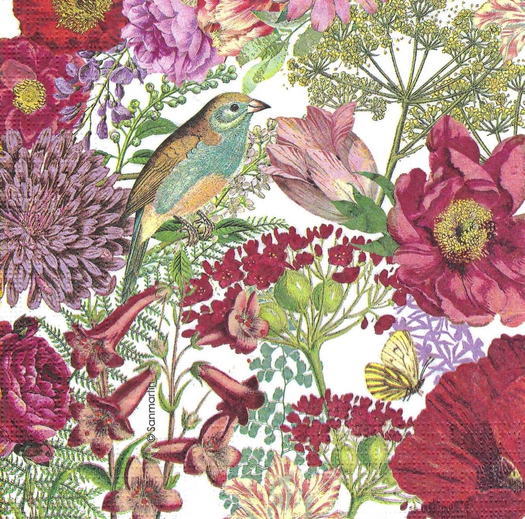 Blue Bird With Peonies Decoupage Napkins Dahlias Poppies and ...