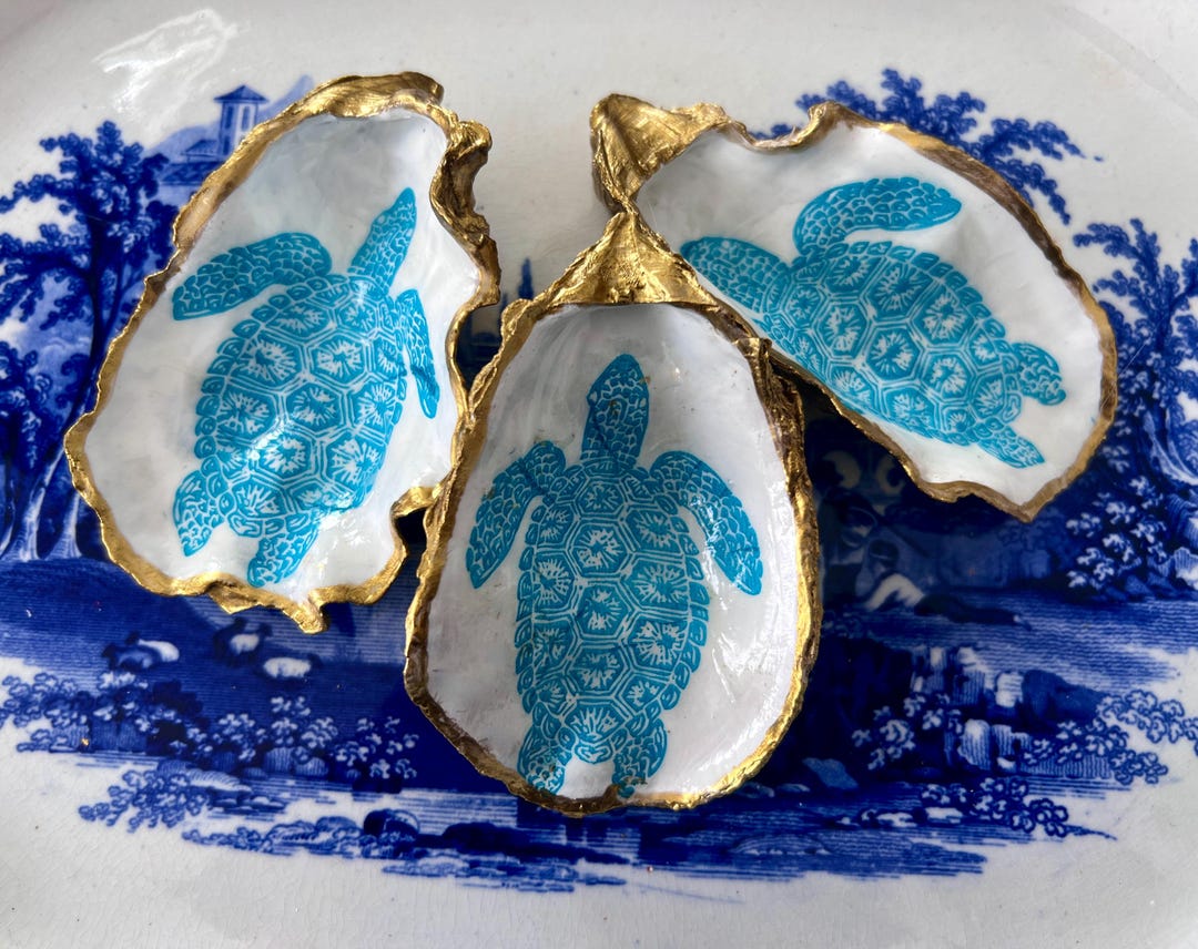 Sea Turtle Oyster Shell Ring Trinket Dish Blue and White Sea Turtle ...