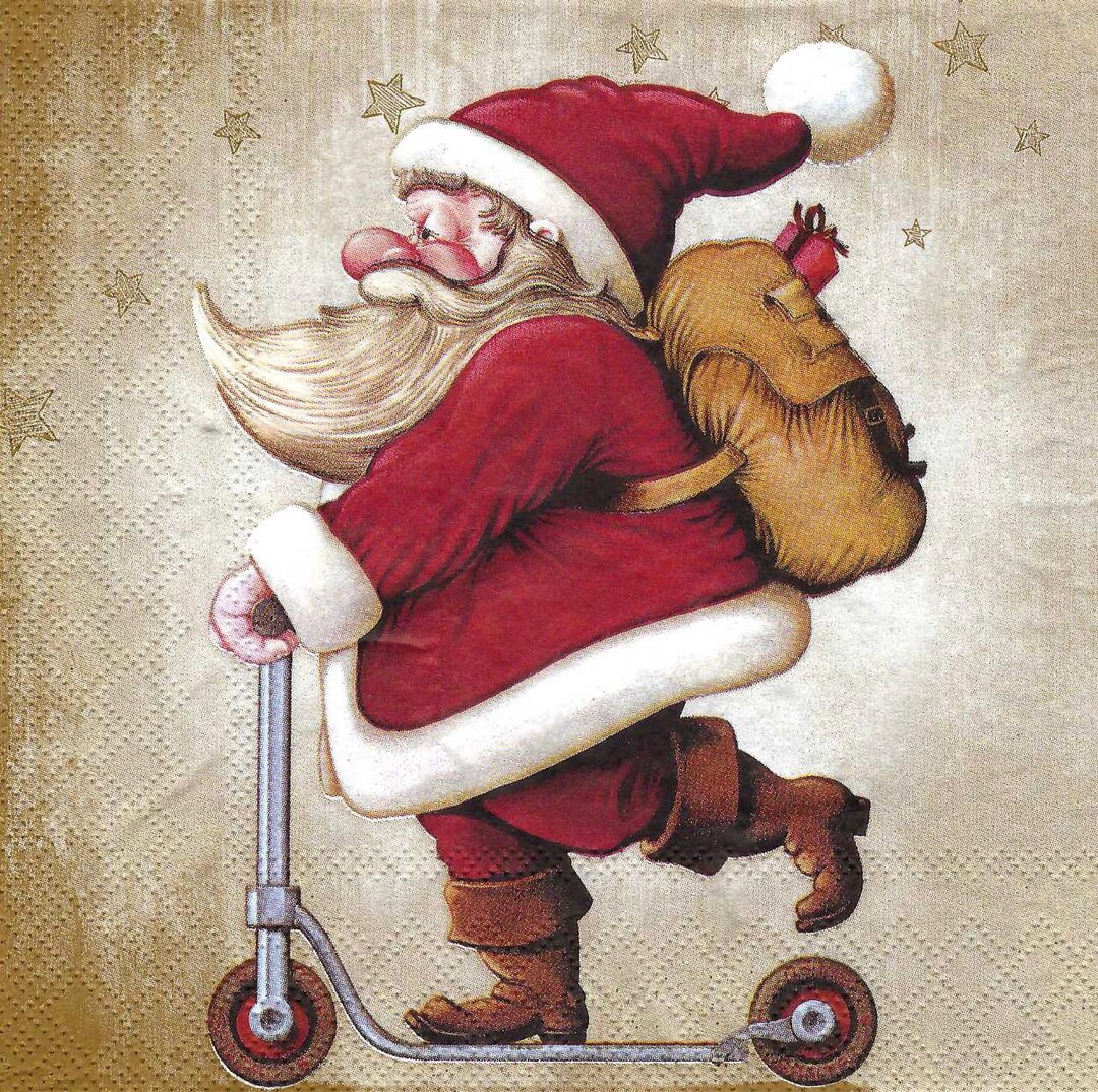 Santa on a Scooter Christmas Decoupage Napkins Red and White Includes ...