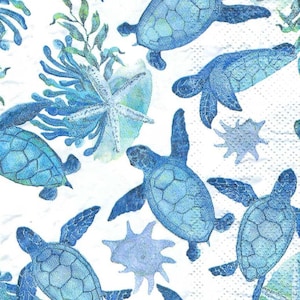 Sea Turtles Decoupage Napkins in Blue and White With Starfish and Coral ...