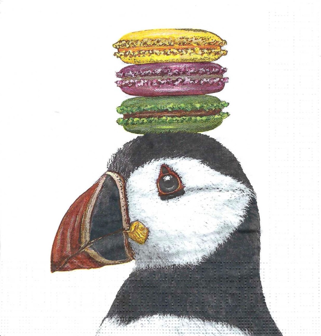 Decoupage Napkins Puffin With Macarons Macaroons on His Head, Three ...