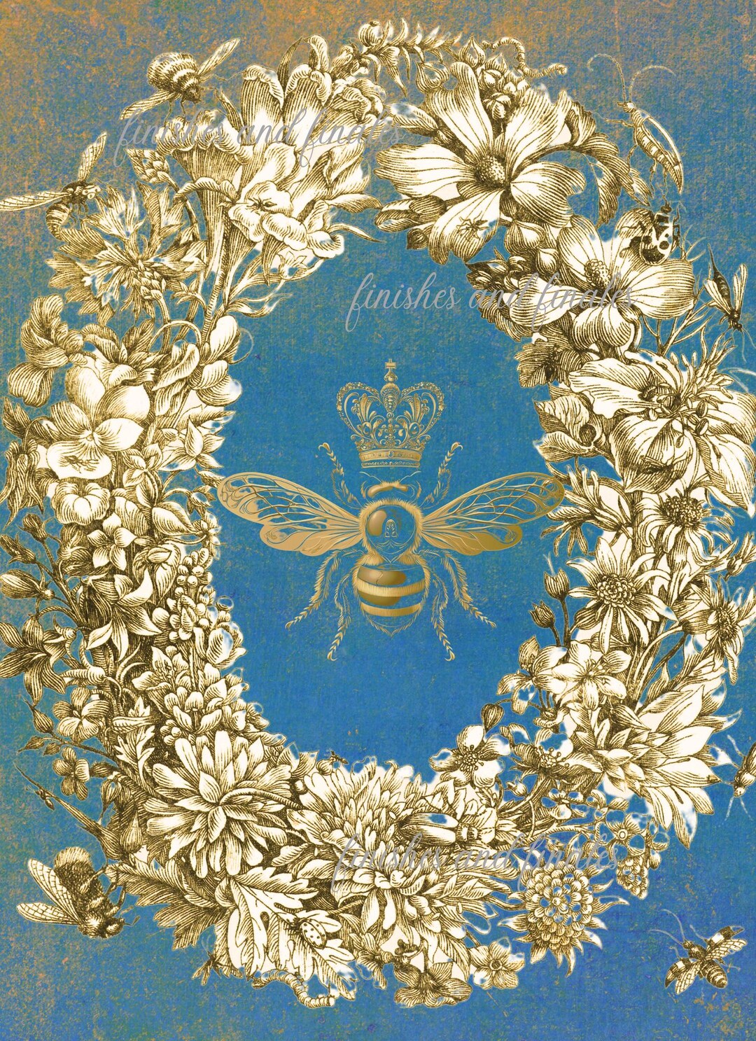 Golden Queen Bee Rice Paper With Crown in Wreath of Flowers Bees ...