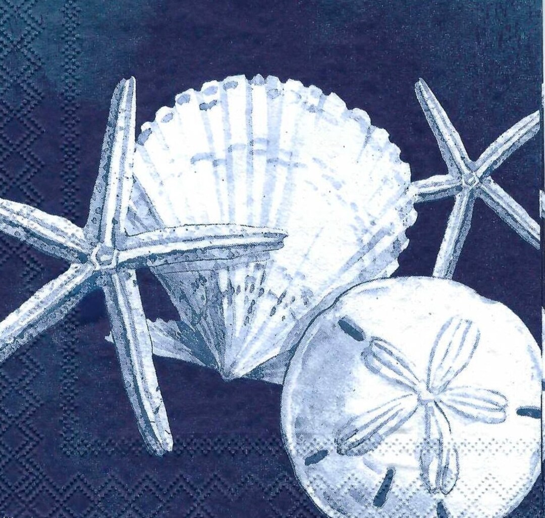 Navy Blue Star Fish Decoupage Napkins With Shells Sand Dollars Scallops ...