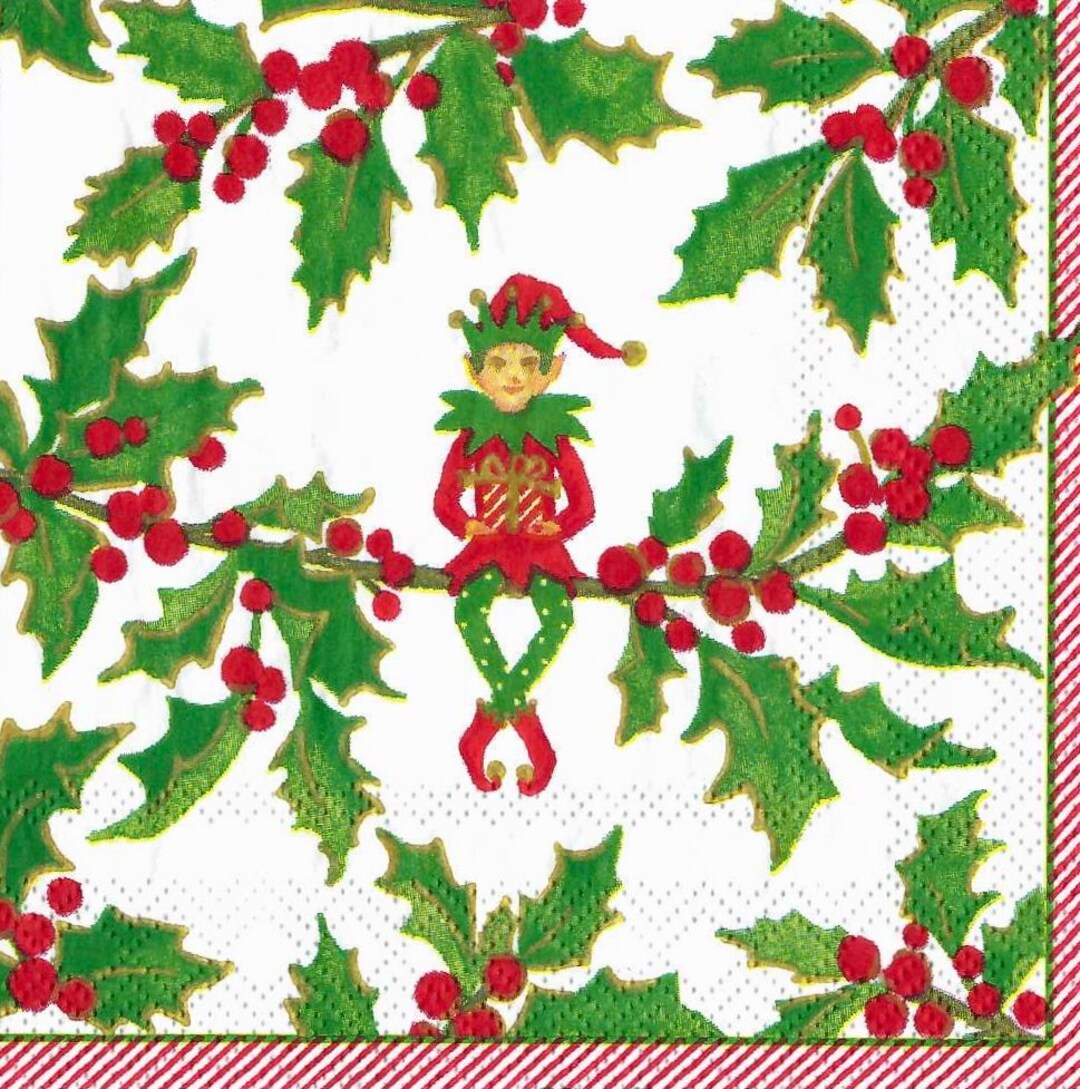 Decoupage Napkins Christmas Elves and Holly With Berries White ...