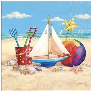 Beach Toys Decoupage Napkins, Sailboat Pail & Shovel Beach Ball ...
