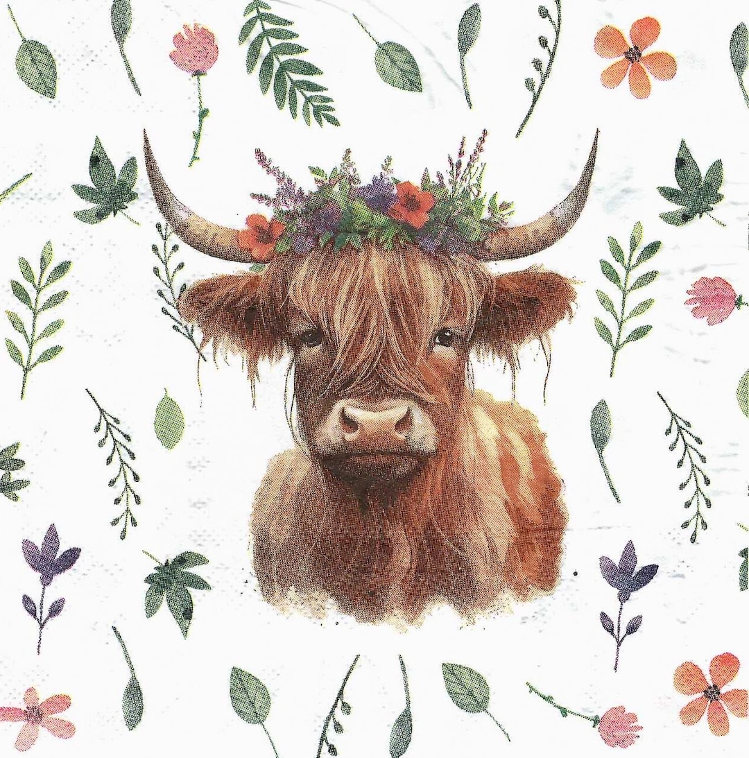 Highland Cow Decoupage Napkins Shaggy Cow With Flowers Luncheon Size ...