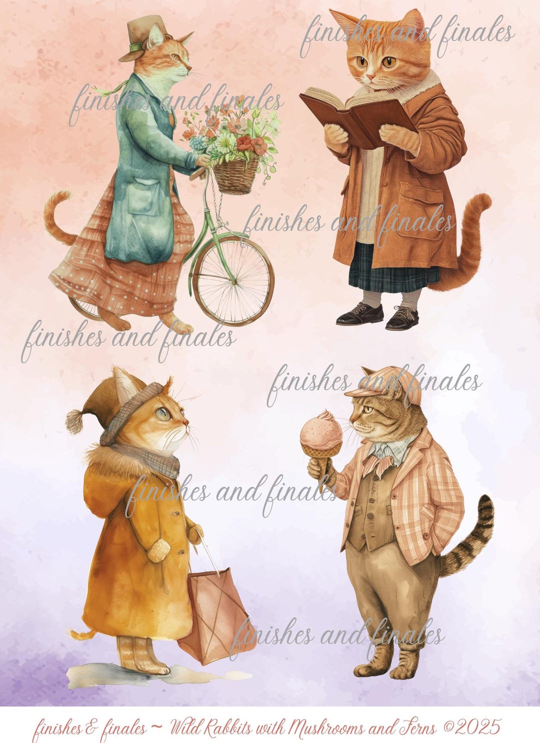 Anthropomorphic Cats Digital Download A4 Size Four Tiger Cats Riding ...