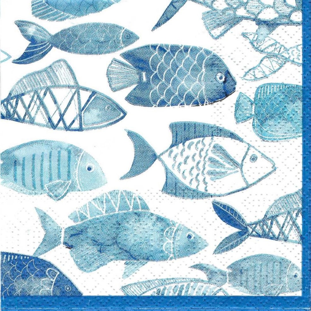 Decoupage Napkins Blue Block Print Fish Allover Print, Three Individual ...