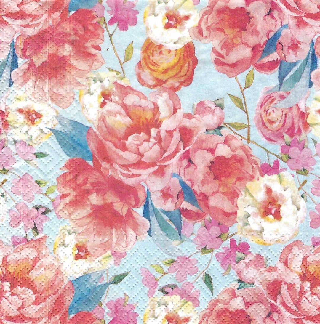 Roses Decoupage Napkins Pink Roses on Blue Background Three Luncheon ...