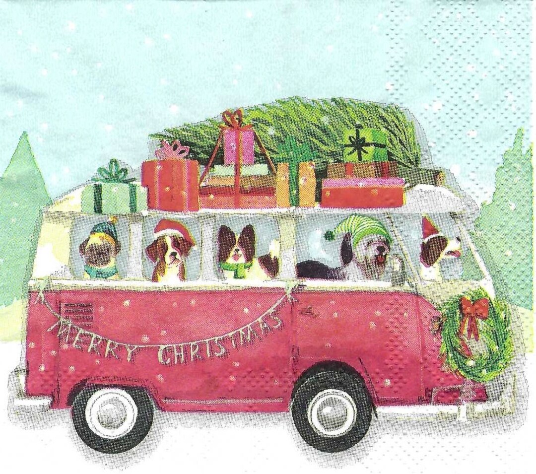 Decoupage Napkins Dogs in VW Bus Bringing Home the Christmas Tree, 3 ...