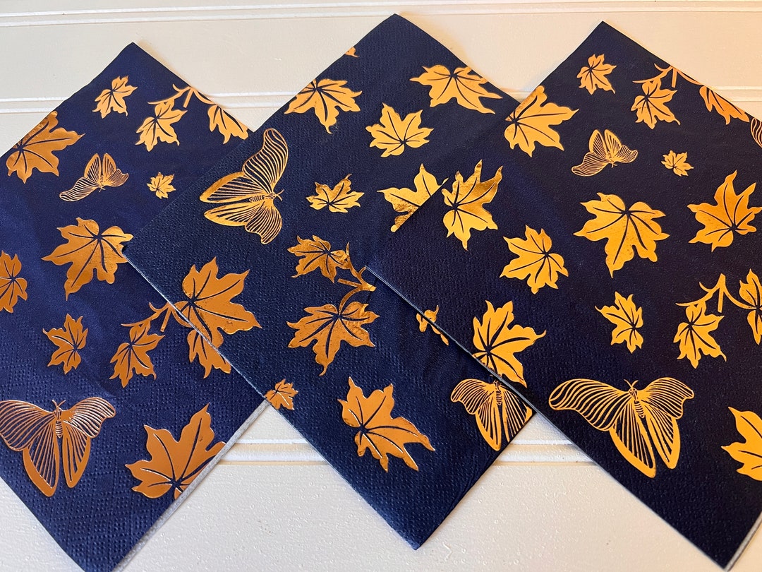 Decoupage Napkins Navy Blue and Gold Paper Leaves and Butterfly Print ...