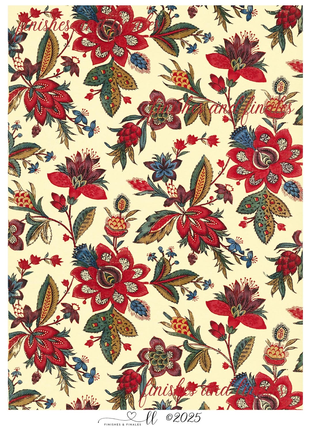 Red Floral Pattern Rice Paper in Red Jacobean Paisley Pattern, From ...
