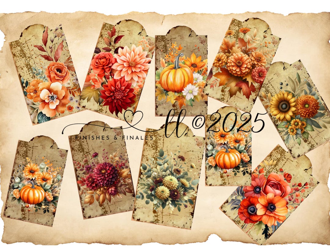 Fall Floral Tags Digital Download Halloween Thanksgiving Mums Asters ...