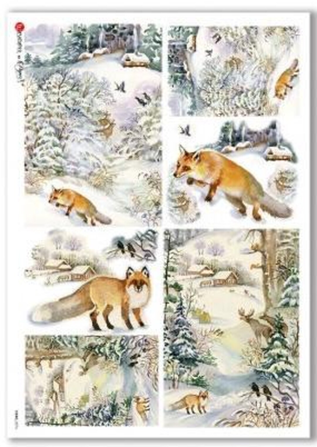Winter Snow Scene Rice Paper A4 Size With Fox Deer Crows Horses ...