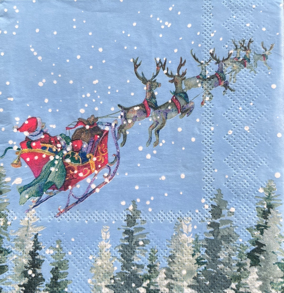 Decoupage Napkins Christmas Santa in Sleigh With Reindeer in Night Sky ...