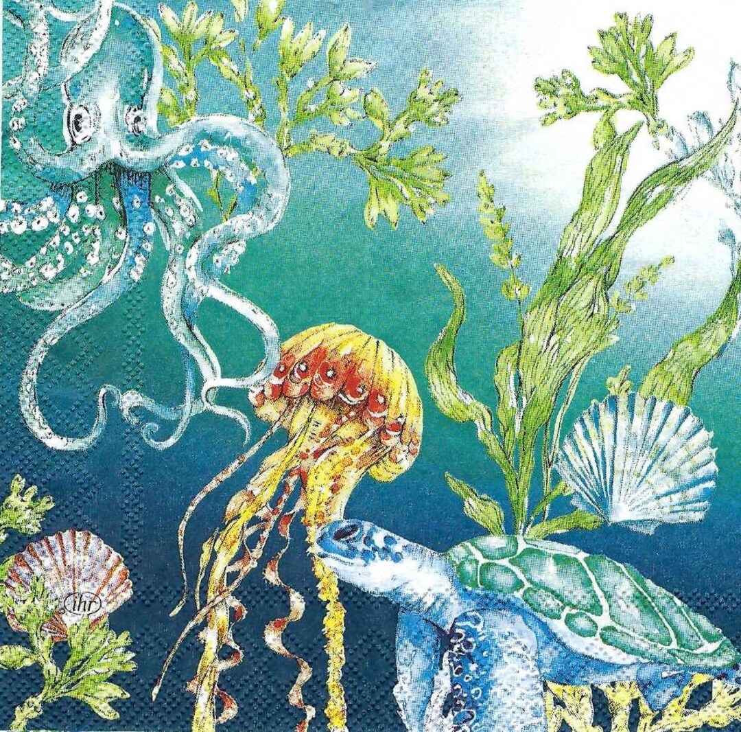 Underwater Sea Octopus Decoupage Napkins With Squid & Sea Turtles With ...