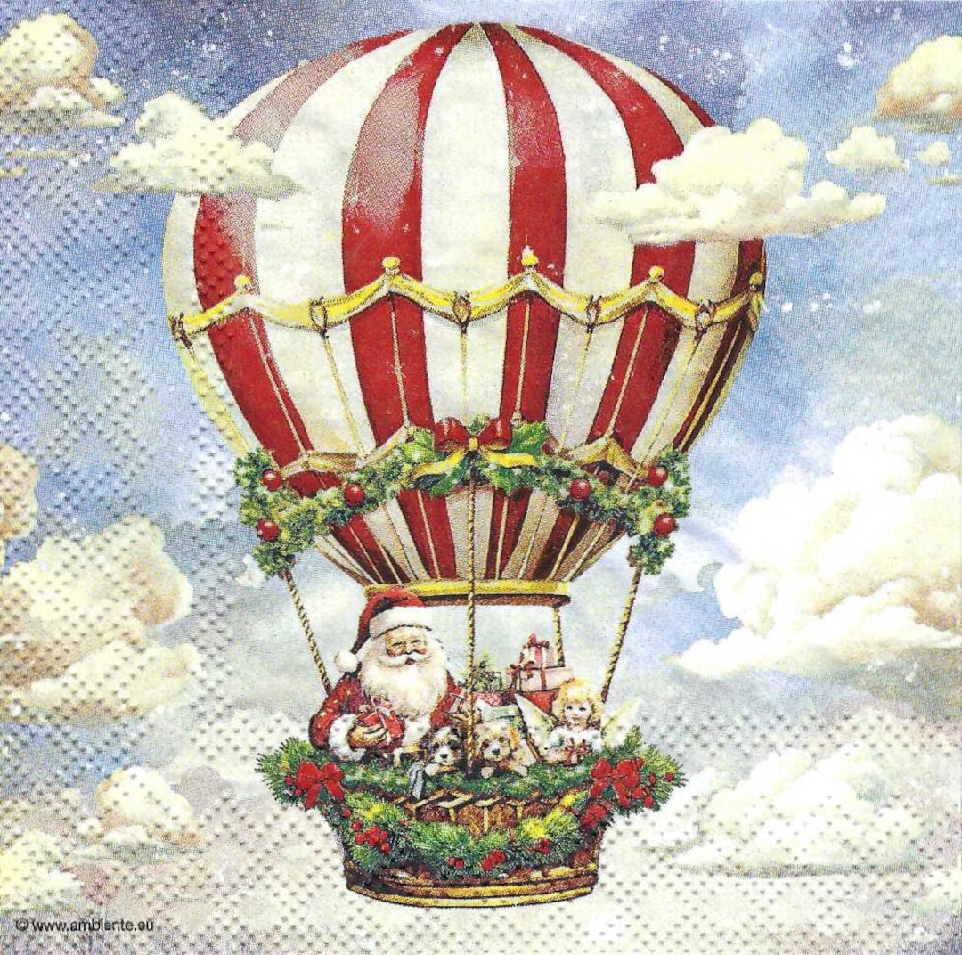 Santa in a Hot Air Balloon Decoupage Napkins Super Cute Christmas Santa ...