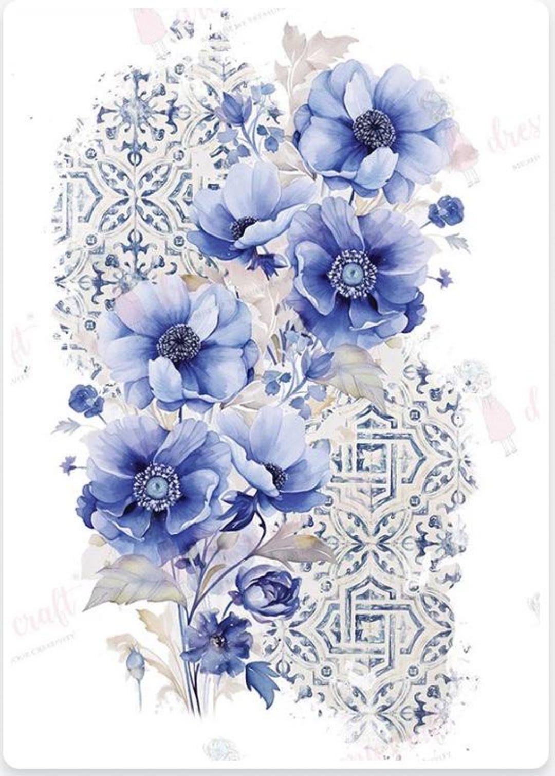 Wet Transfer Paper Paris Blooms French Blue Florals and Tile Water ...