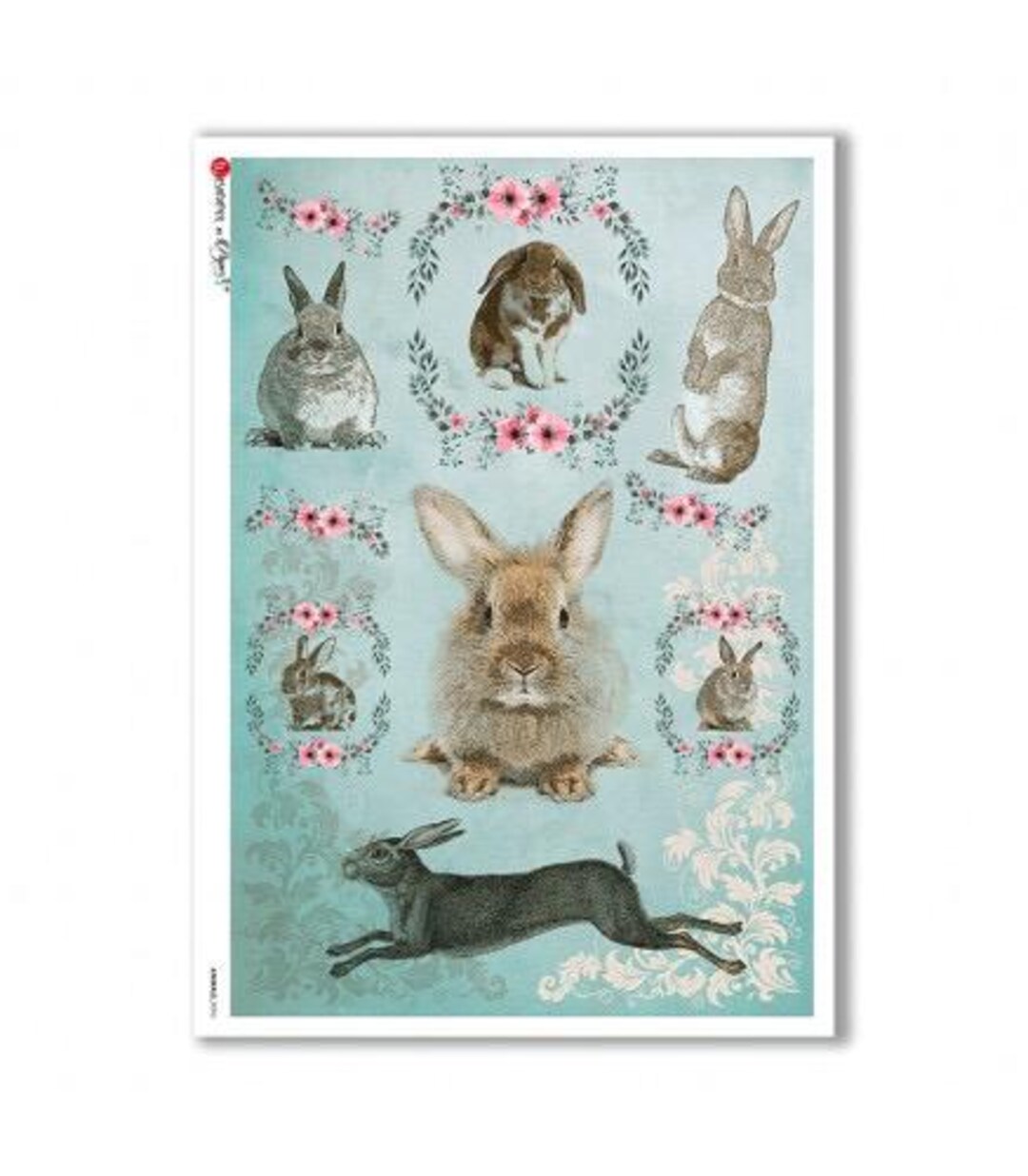 Rabbits and Florals Rice Decoupage Paper in A4 Size With Flowers ...