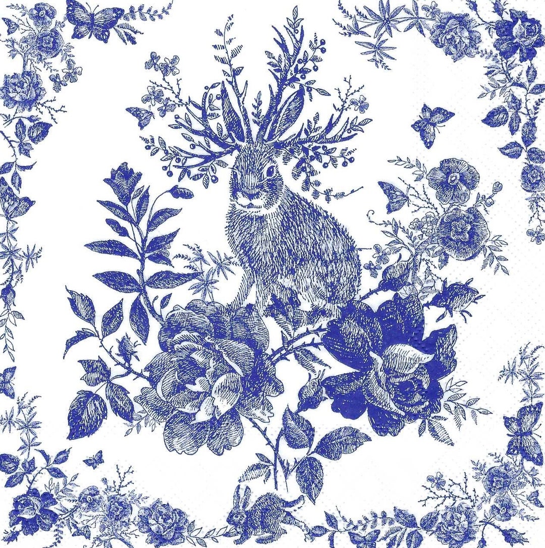 Fairytale Hare Blue and White Rabbit Decoupage Napkins, Includes Three ...