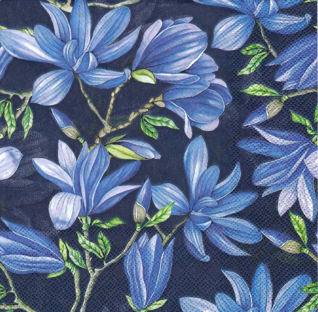 Blue and White Magnolia Decoupage Napkins in an Allover Print on Navy ...