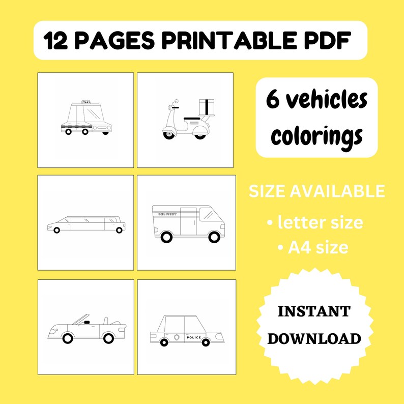 6 CUTE VEHICLES COLOURING Pages Printable for Cute Little Hands - Etsy