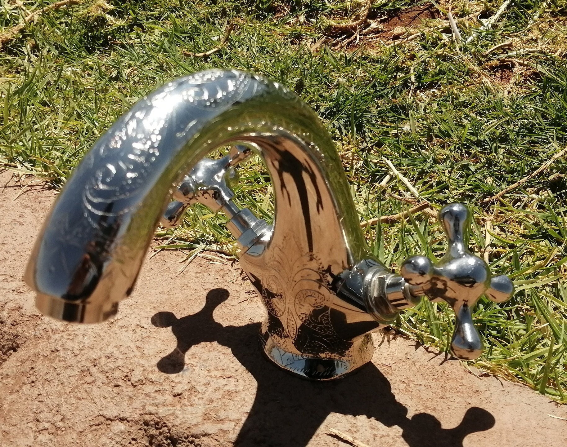 Engraved Solid Silver Bathroom Faucet, Bathroom Sink Faucet With Simple ...